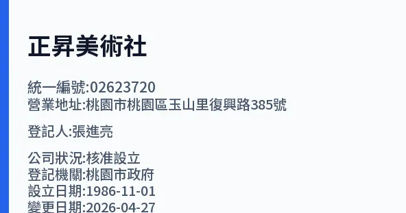 正昇美術社的照片-統編 02623720(桃園市) 公司登記資料與營業項目詳細圖表