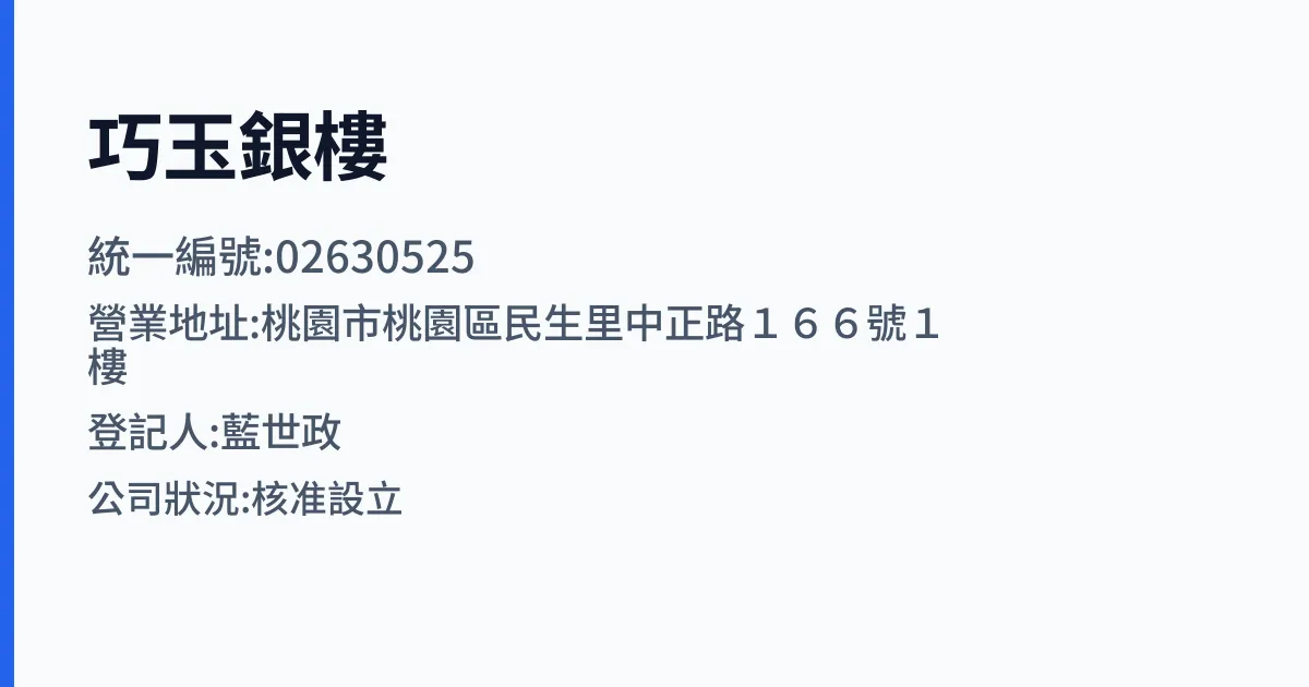 巧玉銀樓 - 統編 02630525(桃園市) 公司登記資料與營業項目詳細圖表