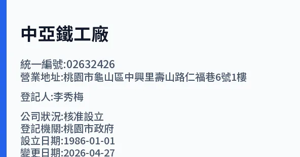 中亞鐵工廠的照片-統編 02632426(桃園市) 公司登記資料與營業項目詳細圖表