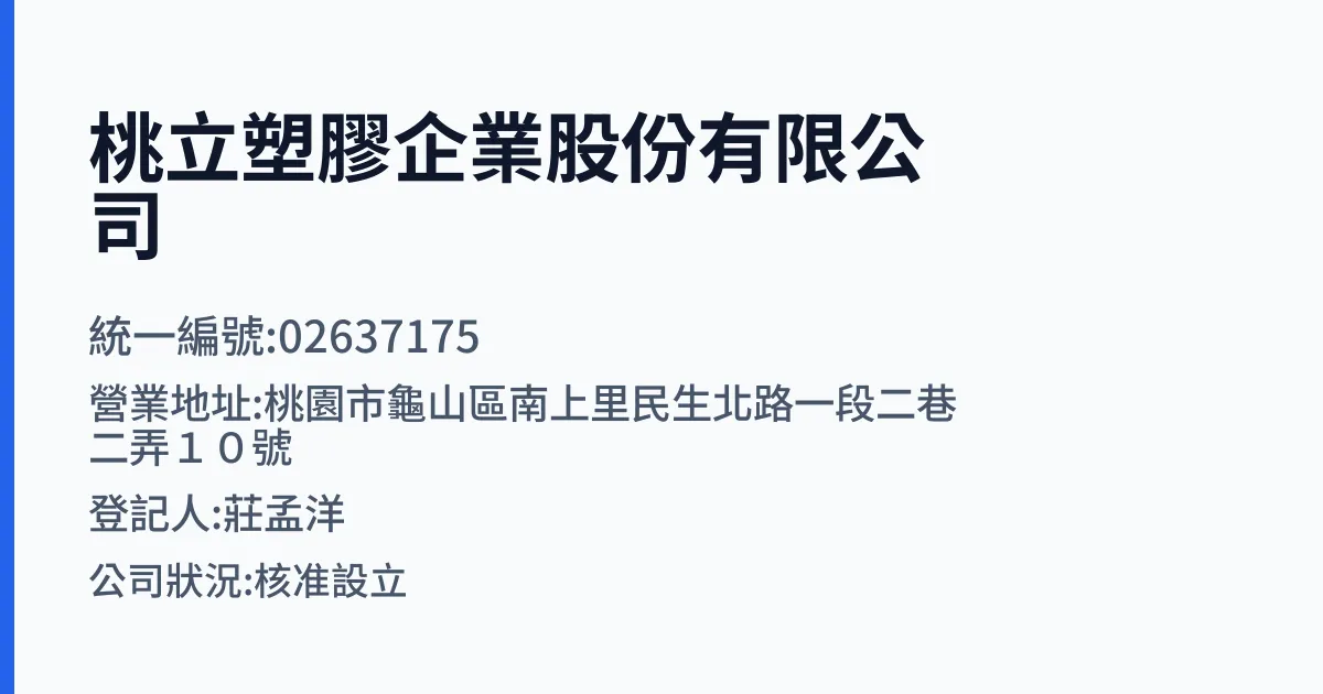 桃立塑膠企業股份有限公司 - 統編 02637175(桃園市) 公司登記資料與營業項目詳細圖表
