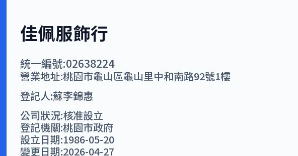 佳佩服飾行的照片-統編 02638224(桃園市) 公司登記資料與營業項目詳細圖表