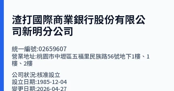 渣打國際商業銀行股份有限公司新明分公司的照片-統編 02659607(桃園市) 公司登記資料與營業項目詳細圖表