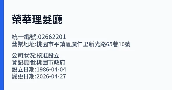 榮華理髮廳的照片-統編 02662201(桃園市) 公司登記資料與營業項目詳細圖表
