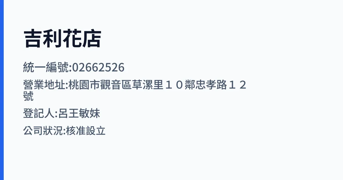 吉利花店 - 統編 02662526(桃園市) 公司登記資料與營業項目詳細圖表