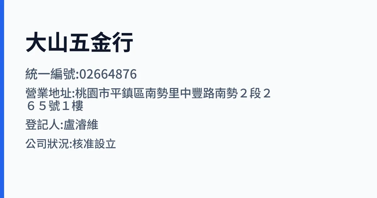 大山五金行 - 統編 02664876(桃園市) 公司登記資料與營業項目詳細圖表