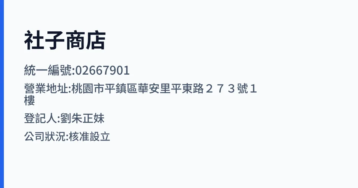 社子商店 - 統編 02667901(桃園市) 公司登記資料與營業項目詳細圖表