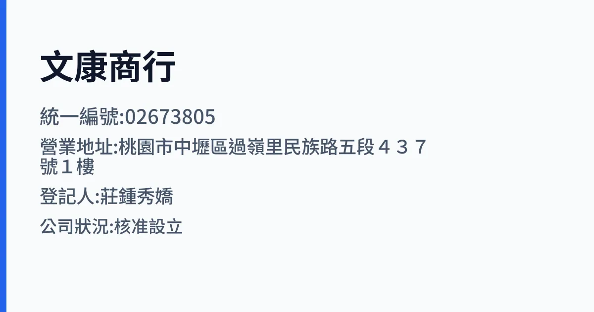 文康商行 - 統編 02673805(桃園市) 公司登記資料與營業項目詳細圖表