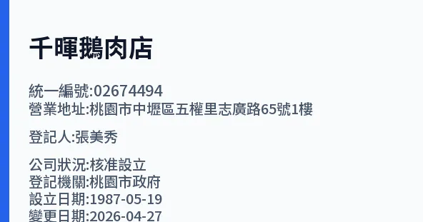 千暉鵝肉店的照片-統編 02674494(桃園市) 公司登記資料與營業項目詳細圖表