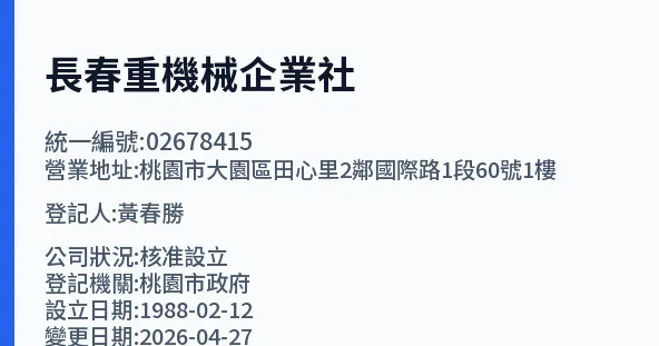 長春重機械企業社的照片-統編 02678415(桃園市) 公司登記資料與營業項目詳細圖表