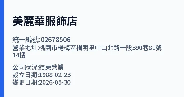 美麗華服飾店的照片-統編 02678506(桃園市) 公司登記資料與營業項目詳細圖表