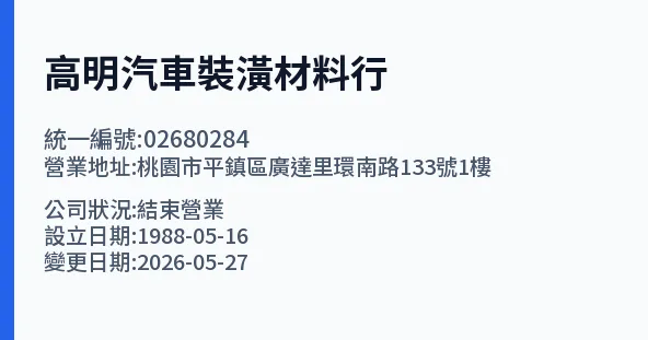 高明汽車裝潢材料行的照片-統編 02680284(桃園市) 公司登記資料與營業項目詳細圖表