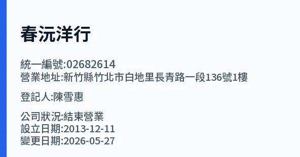 春沅洋行的照片-統編 02682614(新竹縣) 公司登記資料與營業項目詳細圖表