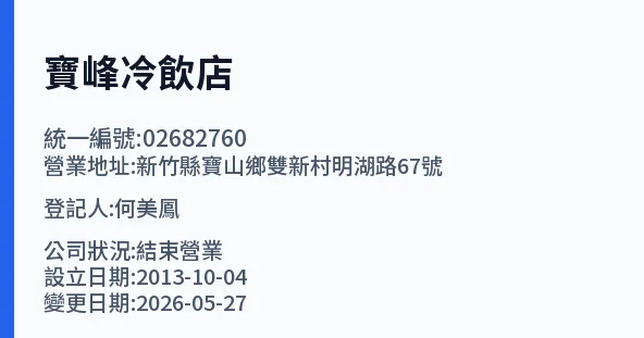 寶峰冷飲店的照片-統編 02682760(新竹縣) 公司登記資料與營業項目詳細圖表