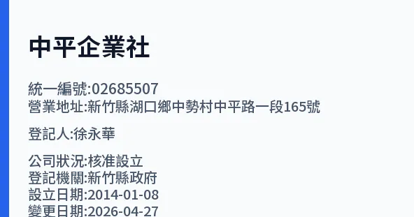 中平企業社的照片-統編 02685507(新竹縣) 公司登記資料與營業項目詳細圖表