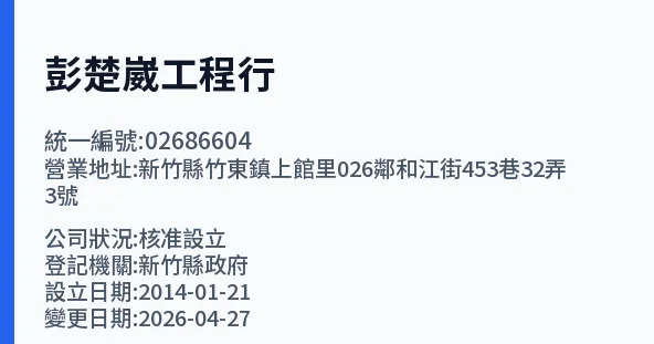 彭楚崴工程行的照片-統編 02686604(新竹縣) 公司登記資料與營業項目詳細圖表