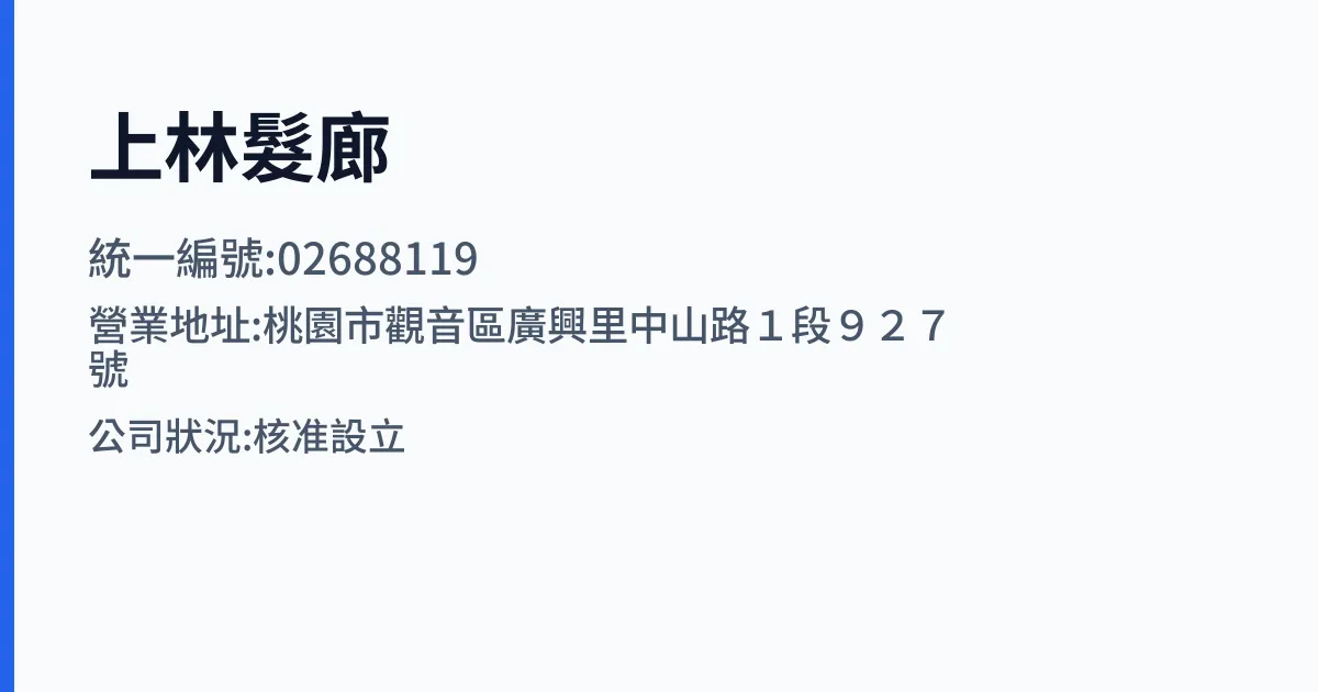 上林髮廊 - 統編 02688119(桃園市) 公司登記資料與營業項目詳細圖表