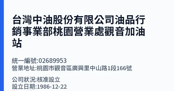 台灣中油股份有限公司油品行銷事業部桃園營業處觀音加油站的照片-統編 02689953(桃園市) 公司登記資料與營業項目詳細圖表