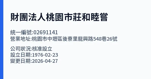 財團法人桃園市莊和睦嘗的照片-統編 02691141(桃園市) 公司登記資料與營業項目詳細圖表