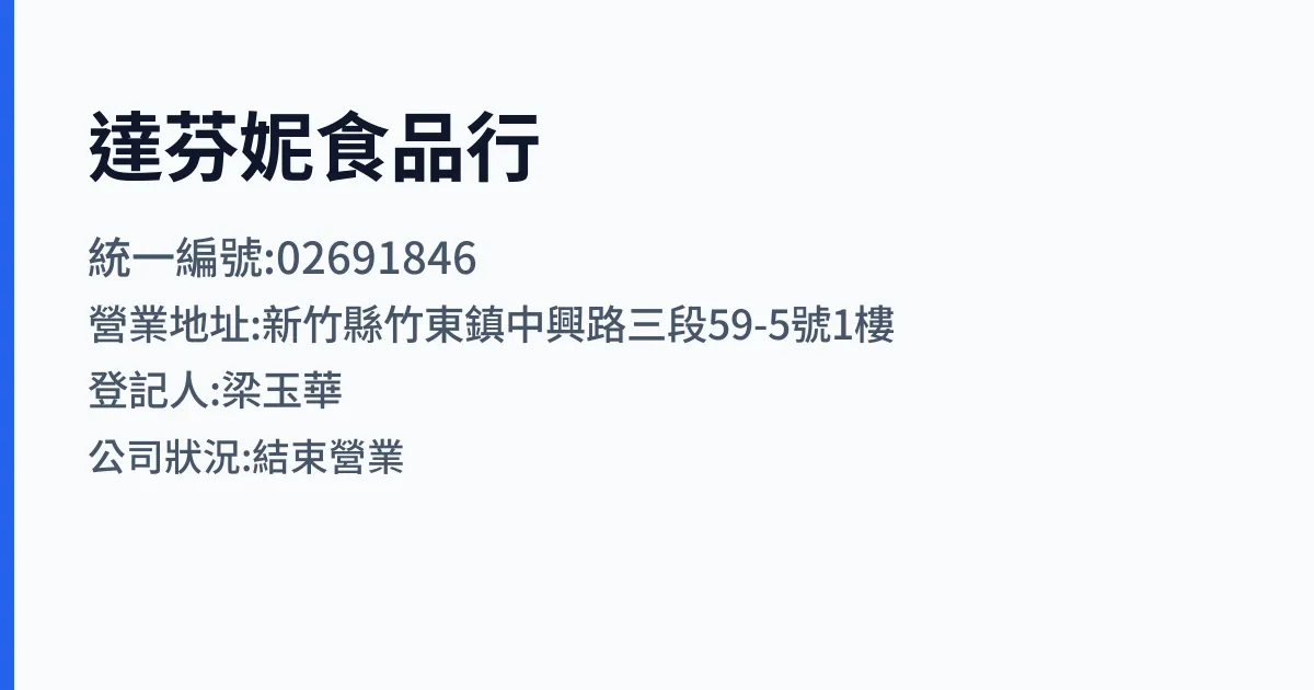達芬妮食品行 - 統編 02691846(新竹縣) 公司登記資料與營業項目詳細圖表