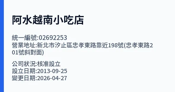 阿水越南小吃店的照片-統編 02692253(新北市) 公司登記資料與營業項目詳細圖表