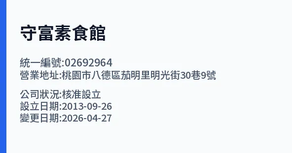 守富素食館的照片-統編 02692964(桃園市) 公司登記資料與營業項目詳細圖表