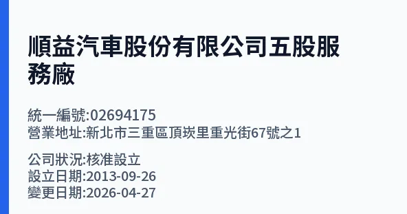 順益汽車股份有限公司五股服務廠的照片-統編 02694175(新北市) 公司登記資料與營業項目詳細圖表