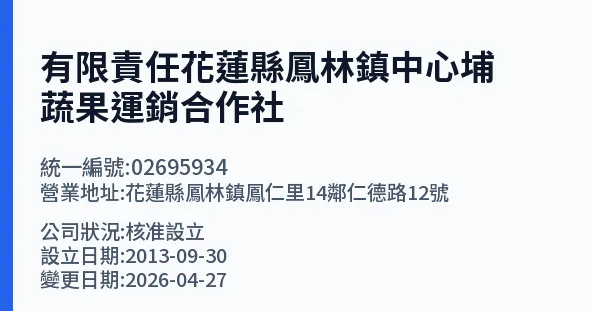 有限責任花蓮縣鳳林鎮中心埔蔬果運銷合作社的照片-統編 02695934(花蓮縣) 公司登記資料與營業項目詳細圖表