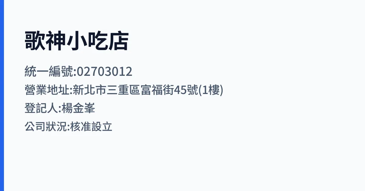 歌神小吃店 - 統編 02703012(新北市) 公司登記資料與營業項目詳細圖表