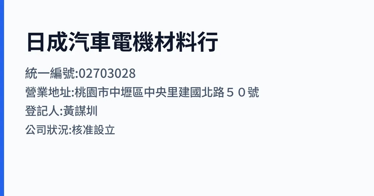 日成汽車電機材料行 - 統編 02703028(桃園市) 公司登記資料與營業項目詳細圖表