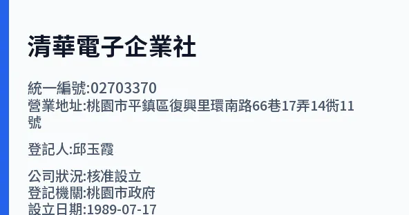 清華電子企業社的照片-統編 02703370(桃園市) 公司登記資料與營業項目詳細圖表