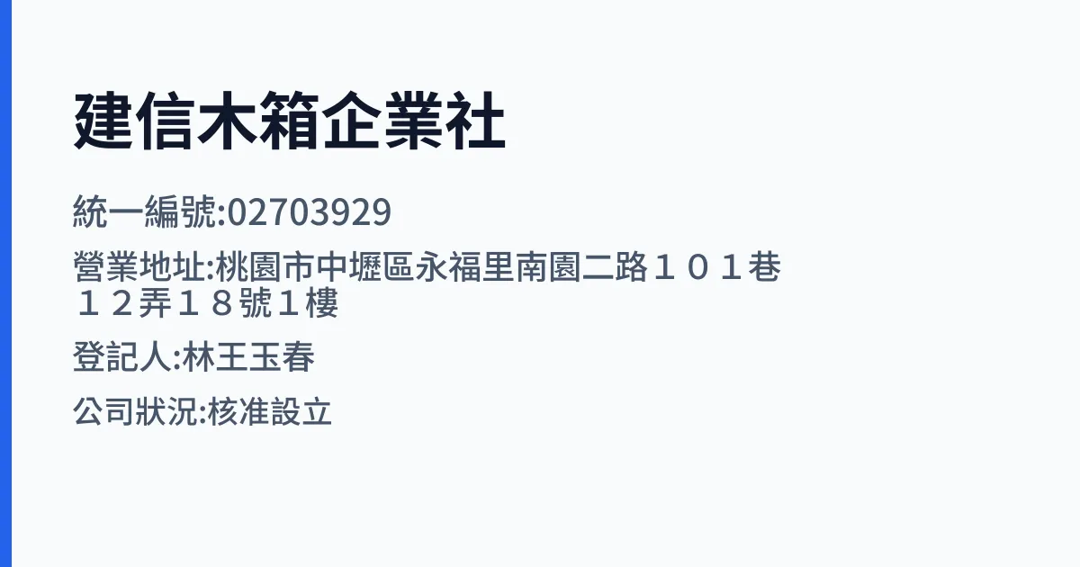 建信木箱企業社 - 統編 02703929(桃園市) 公司登記資料與營業項目詳細圖表