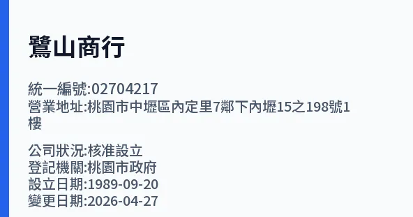鷺山商行的照片-統編 02704217(桃園市) 公司登記資料與營業項目詳細圖表