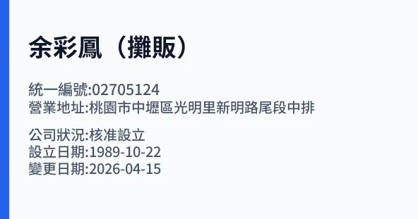 余彩鳳（攤販）的照片-統編 02705124(桃園市) 公司登記資料與營業項目詳細圖表