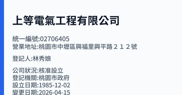 上等電氣工程有限公司的照片-統編 02706405(桃園市) 公司登記資料與營業項目詳細圖表