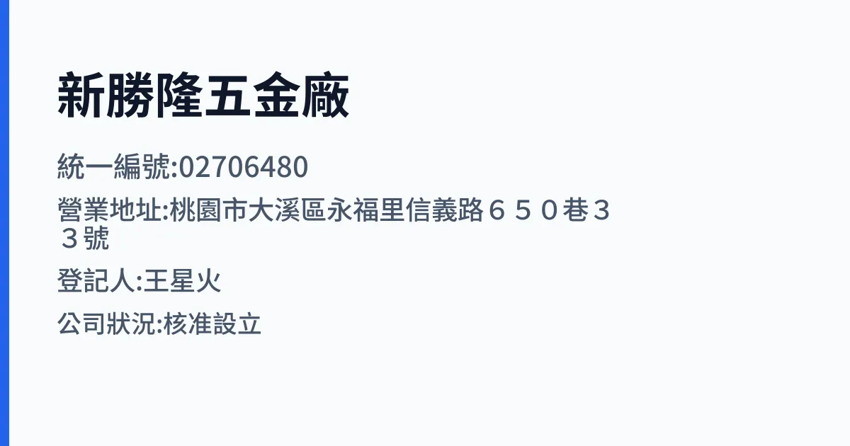 新勝隆五金廠 - 統編 02706480(桃園市) 公司登記資料與營業項目詳細圖表