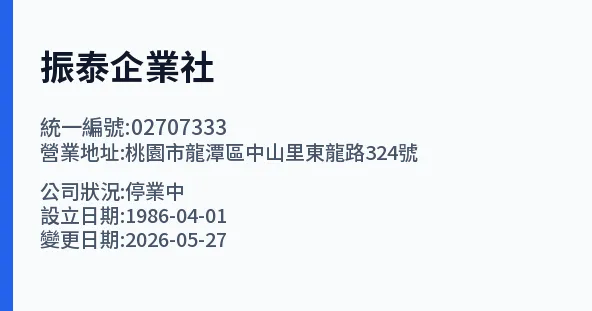 振泰企業社的照片-統編 02707333(桃園市) 公司登記資料與營業項目詳細圖表