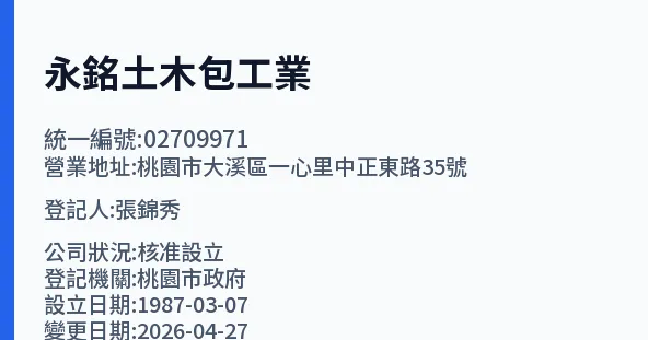 永銘土木包工業的照片-統編 02709971(桃園市) 公司登記資料與營業項目詳細圖表
