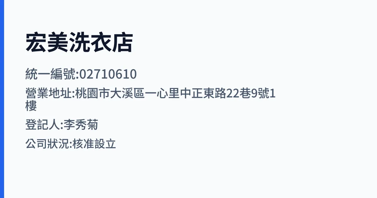 宏美洗衣店 - 統編 02710610(桃園市) 公司登記資料與營業項目詳細圖表