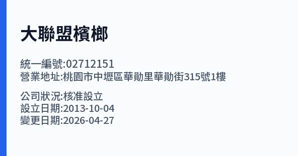 大聯盟檳榔的照片-統編 02712151(桃園市) 公司登記資料與營業項目詳細圖表