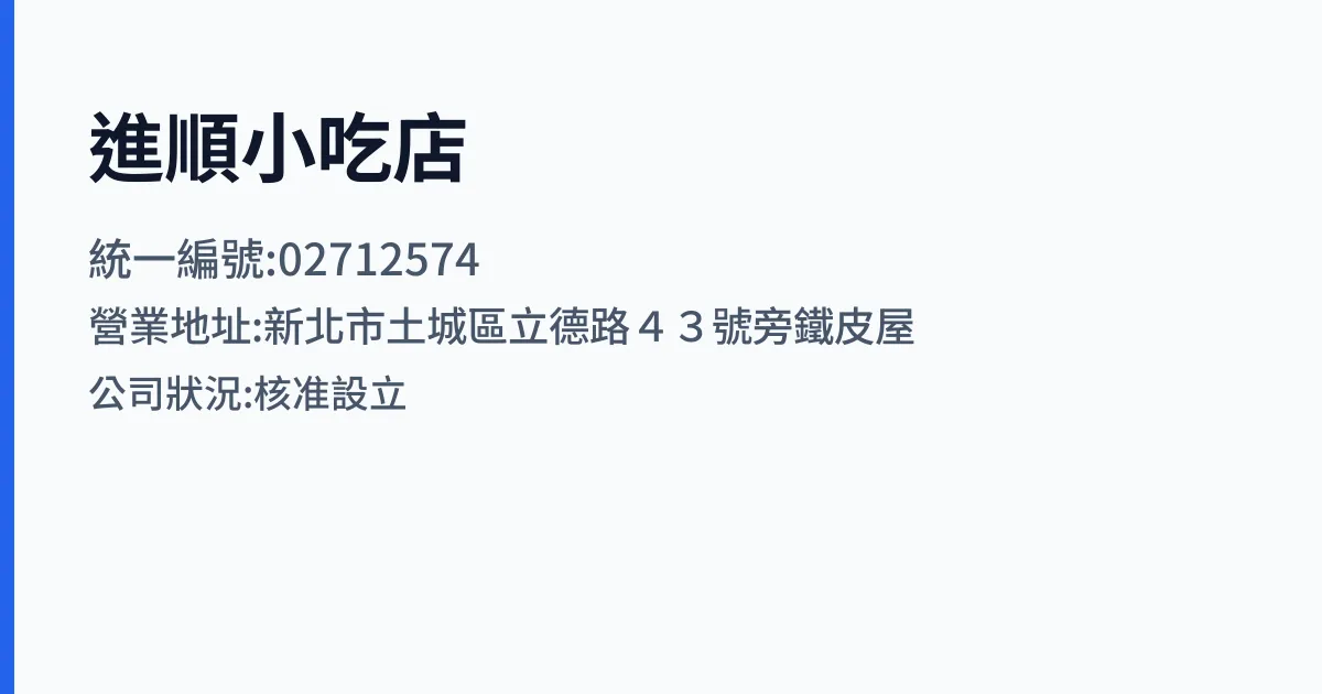 進順小吃店 - 統編 02712574(新北市) 公司登記資料與營業項目詳細圖表