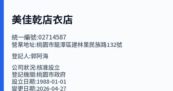 美佳乾店衣店的照片-統編 02714587(桃園市) 公司登記資料與營業項目詳細圖表
