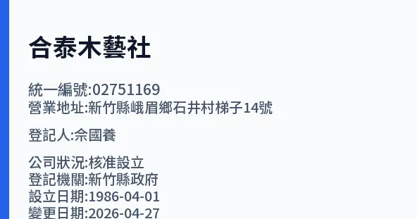 合泰木藝社的照片-統編 02751169(新竹縣) 公司登記資料與營業項目詳細圖表