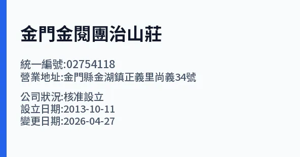 金門金閱團治山莊的照片-統編 02754118(金門縣) 公司登記資料與營業項目詳細圖表