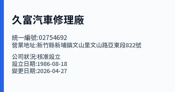 久富汽車修理廠的照片-統編 02754692(新竹縣) 公司登記資料與營業項目詳細圖表