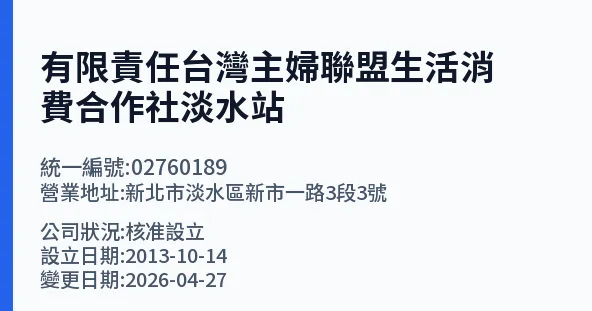 有限責任台灣主婦聯盟生活消費合作社淡水站的照片-統編 02760189(新北市) 公司登記資料與營業項目詳細圖表