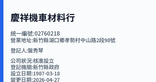 慶祥機車材料行的照片-統編 02760218(新竹縣) 公司登記資料與營業項目詳細圖表