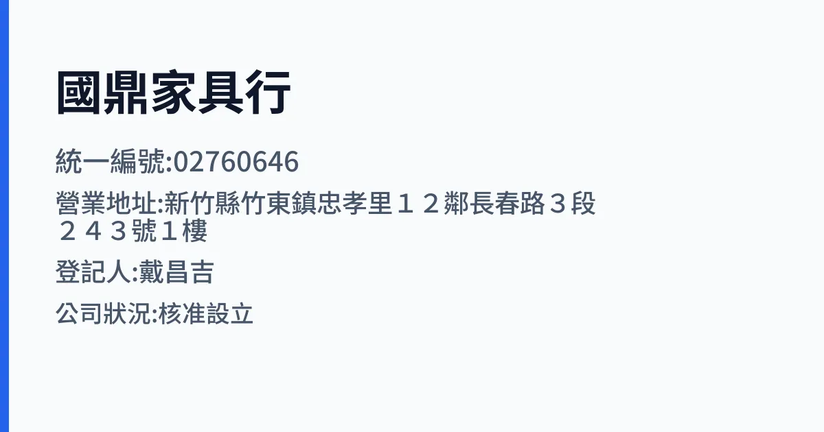 國鼎家具行 - 統編 02760646(新竹縣) 公司登記資料與營業項目詳細圖表