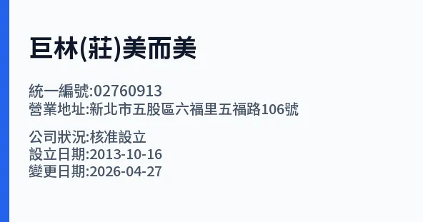 巨林(莊)美而美的照片-統編 02760913(新北市) 公司登記資料與營業項目詳細圖表