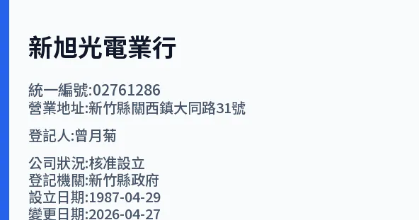 新旭光電業行的照片-統編 02761286(新竹縣) 公司登記資料與營業項目詳細圖表