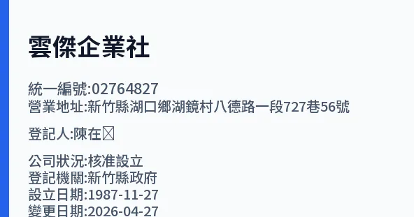 雲傑企業社的照片-統編 02764827(新竹縣) 公司登記資料與營業項目詳細圖表